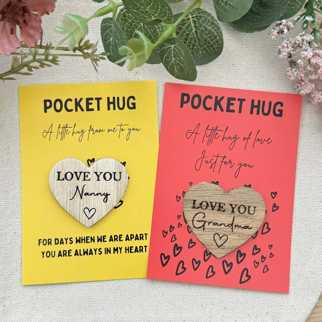 NAN POCKET HUG Heart shaped Nanny Gift Oak 4cm Letterbox Gift Butterfly Crafts
